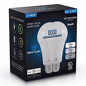 Great Eagle 50/100/150W Equivalent 3-Way A21 LED Light Bulb 2700K Warm White Color (2-Pack)