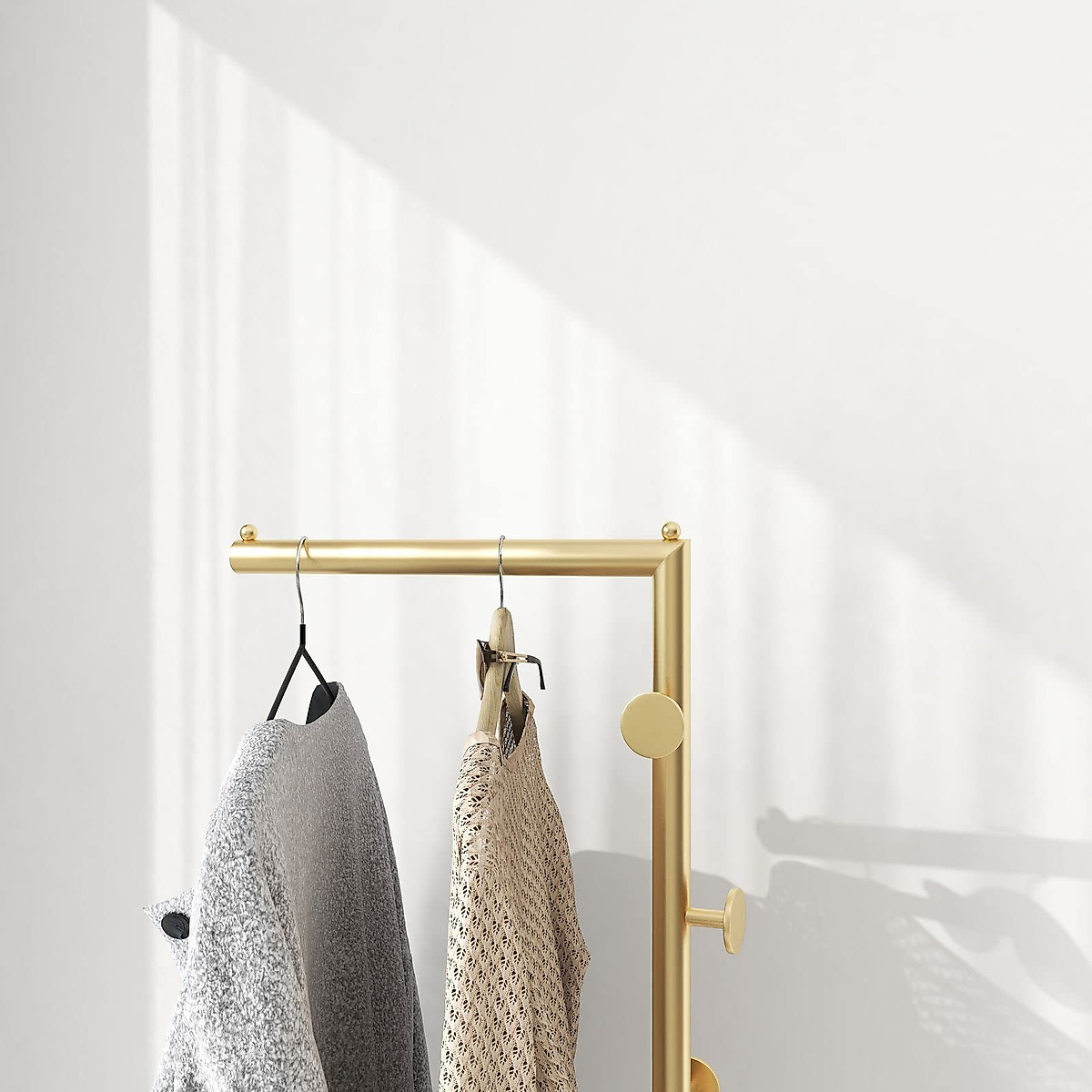 Xegulg Clothes Rack, Coat Rack Freestanding Metal, 3 Round Hooks and Stable Base, At Home Doorway Bedroom Hotel Office Hall Tree for Coats, Hats, Scarves, Clothes and Handbags,Gold