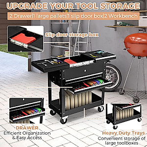 ERGOMASTER Utility Service Cart Tool on Wheels Heavy Duty Metal 4 Tiers Shelves with Drawers Tool Storage Organizer for Warehouse,Garage and Workshop
