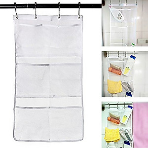 Laipi Shower Storage Organizer Hangers, Washable Multi Pockets Mesh Net Storage Bag with Storage Organizer Hangers for Home Bathroom