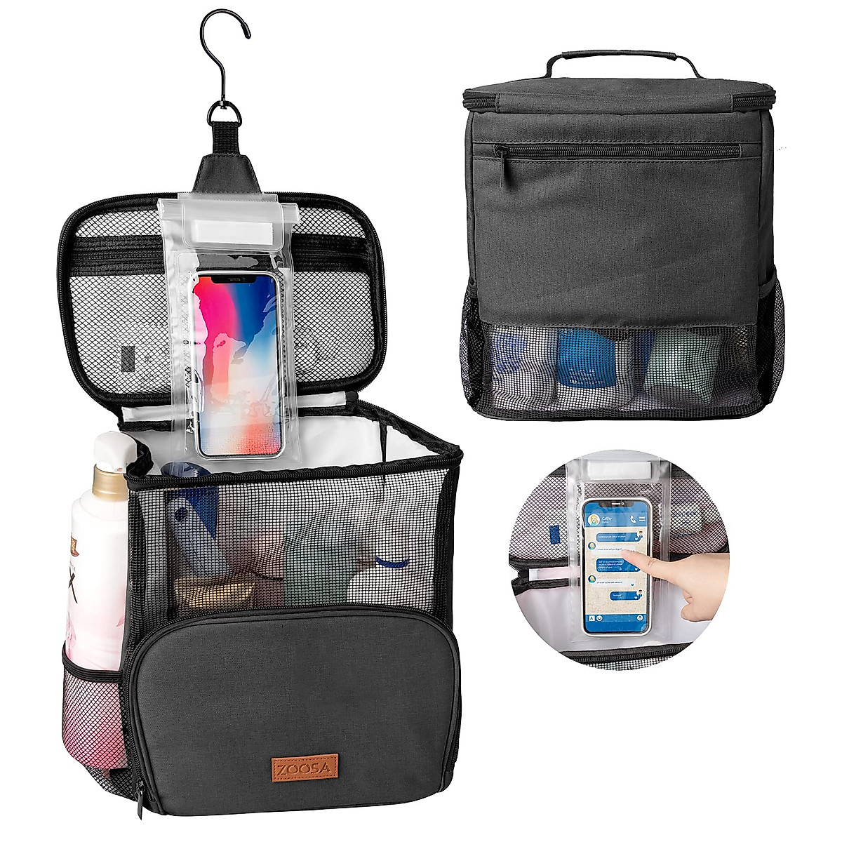 Zoosa Gym Shower Bag, Portable Mesh Shower Caddy Bag with Phone Pocket for Dorm, Full Size Bottle Compatible, 2022 Upgraded Hanging Travel Shower Bag