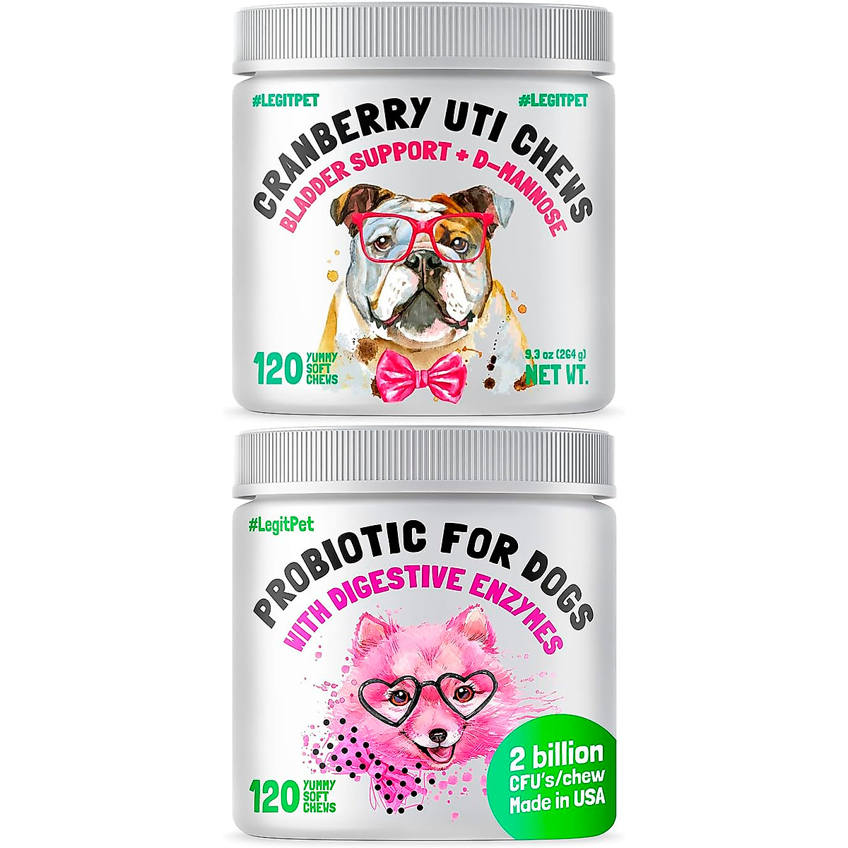 Cranberry UTI Chews for Dogs Bladder Suppot + D-Mannose Supports Kidney Urinary Tract 120 Chews and Probiotics for Dogs Natural Digestive Enzymes Prebiotics for Allergy 120 Chews