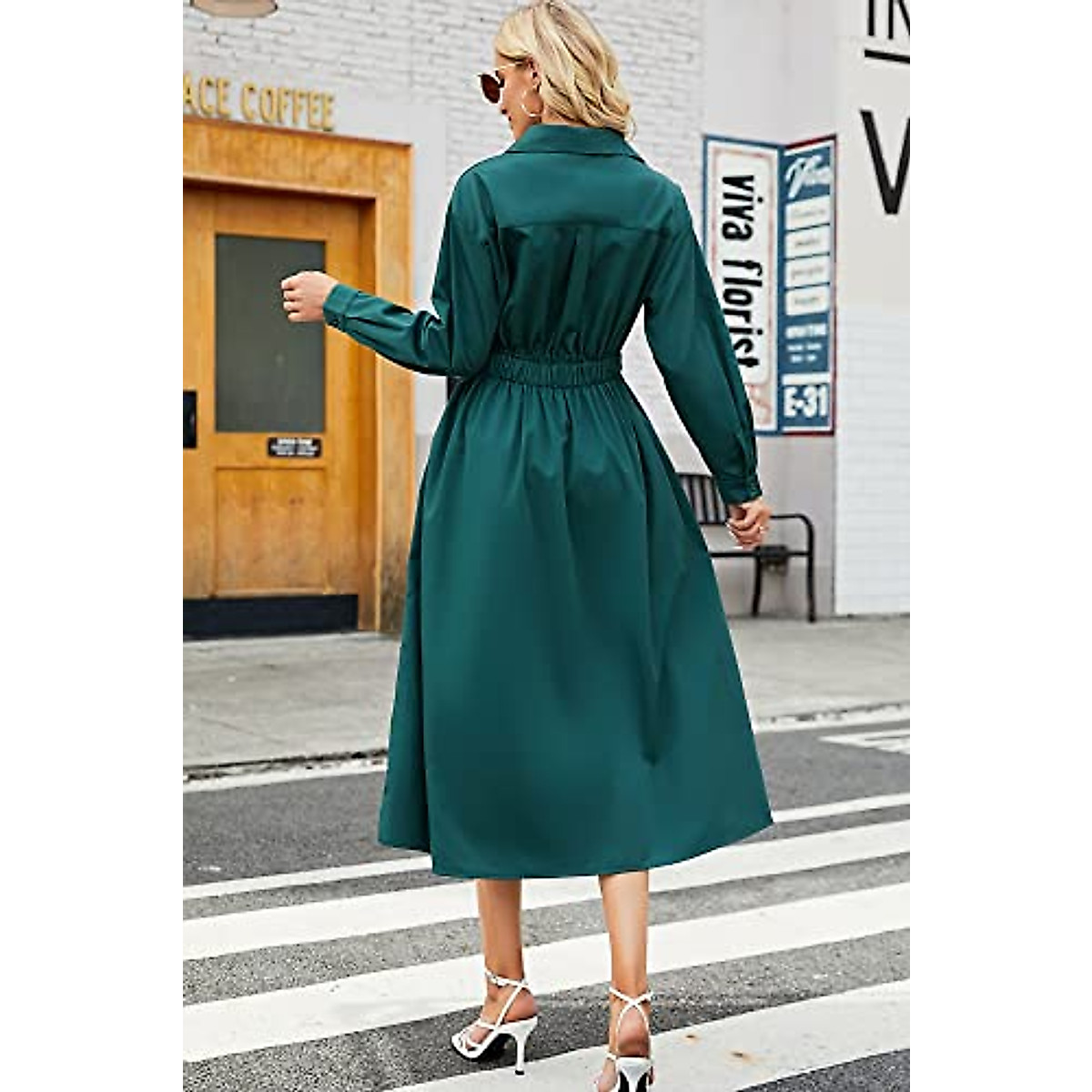 Ladyful Elegant Cotton Shirt Dress for Women A-line Long Sleeve Maxi Dress Black