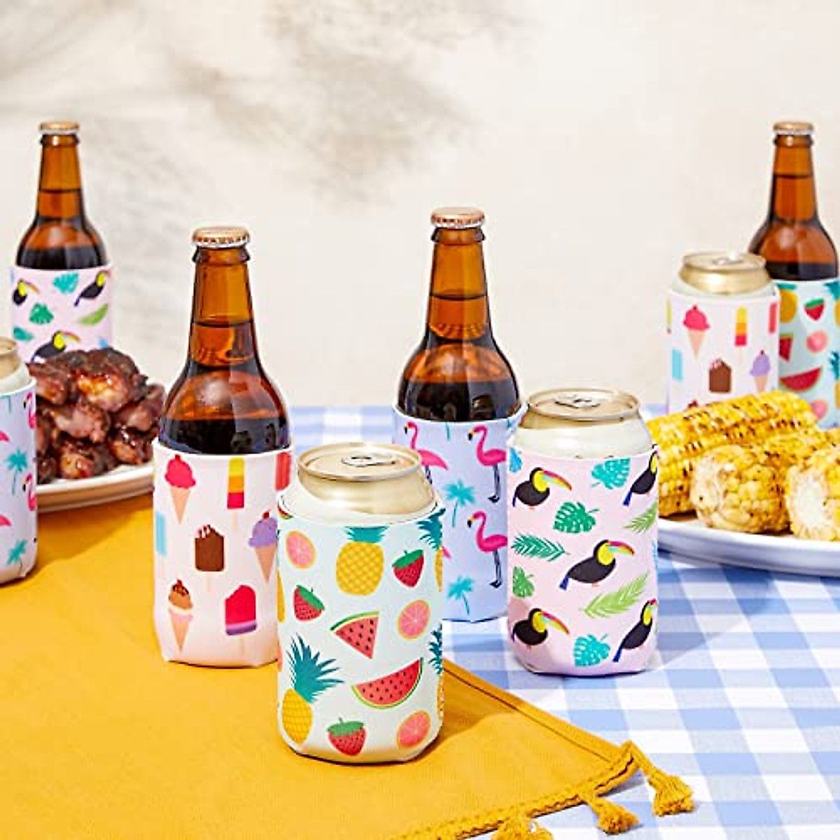 12-Pack Tropical Neoprene Can Cooler Sleeves for Beer, Soft Drinks, Water Bottles, Soda Covers for Bridal Shower, Bachelorette, Beach, Luau, Pool Parties, 4 Summer-Themed Designs (12 Oz)