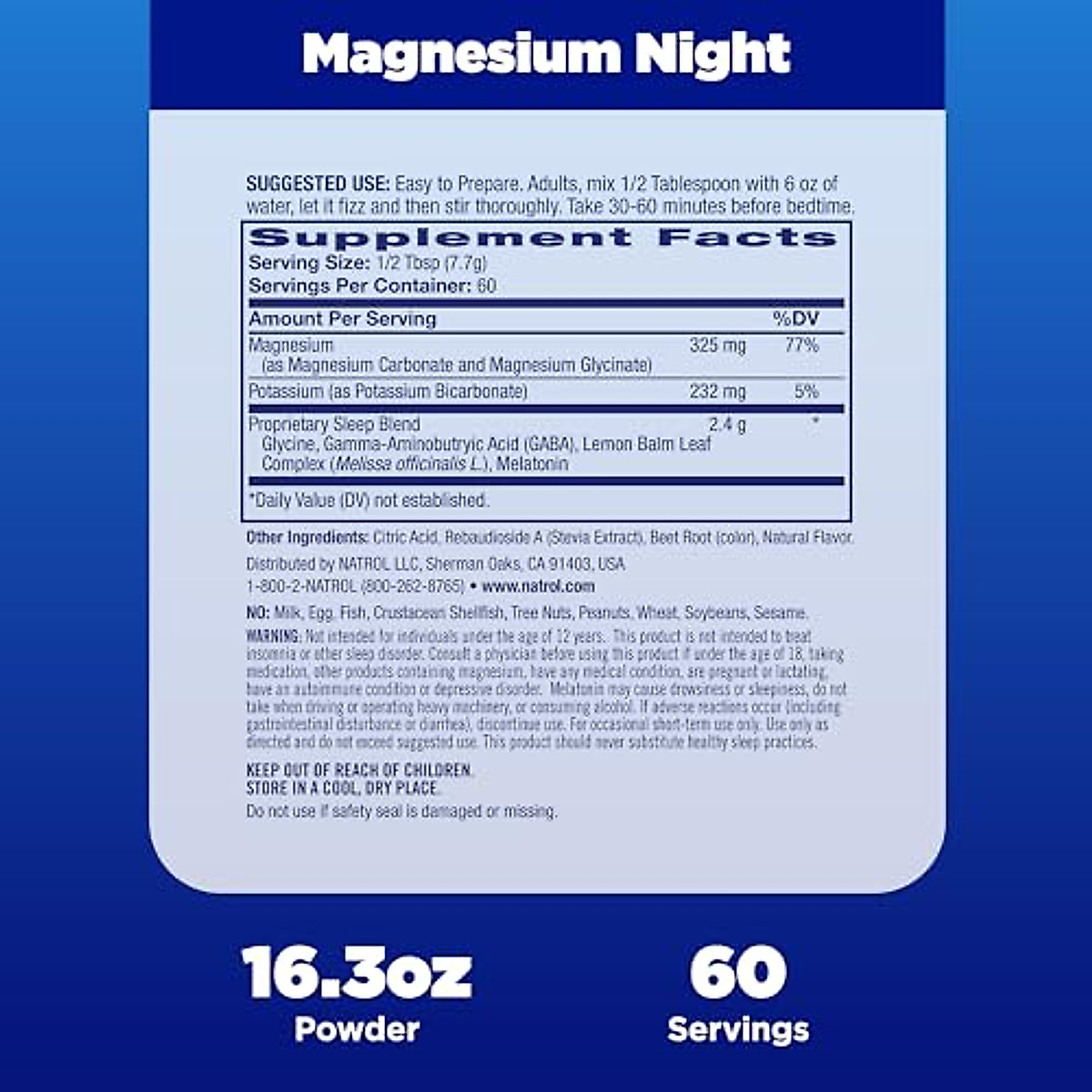 Natrol Mood + Stress High Absorption Night Magnesium Carbonate and Magnesium Glycinate 325mg with a Blend of Glycine, GABA, Lemon Balm and Melatonin, 16.3 OZ Cherry-Flavored Powder, 60 Day Supply