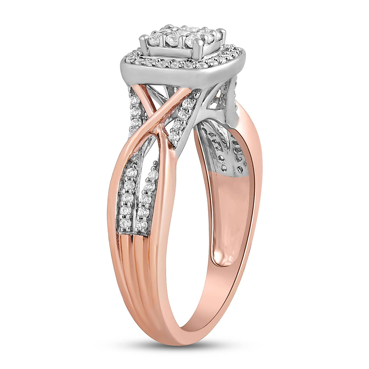 Jewelili Rose Gold over Sterling Silver 1/3 Cttw Natural White Round Cut Diamond Bridal Engagement Ring, Size 8