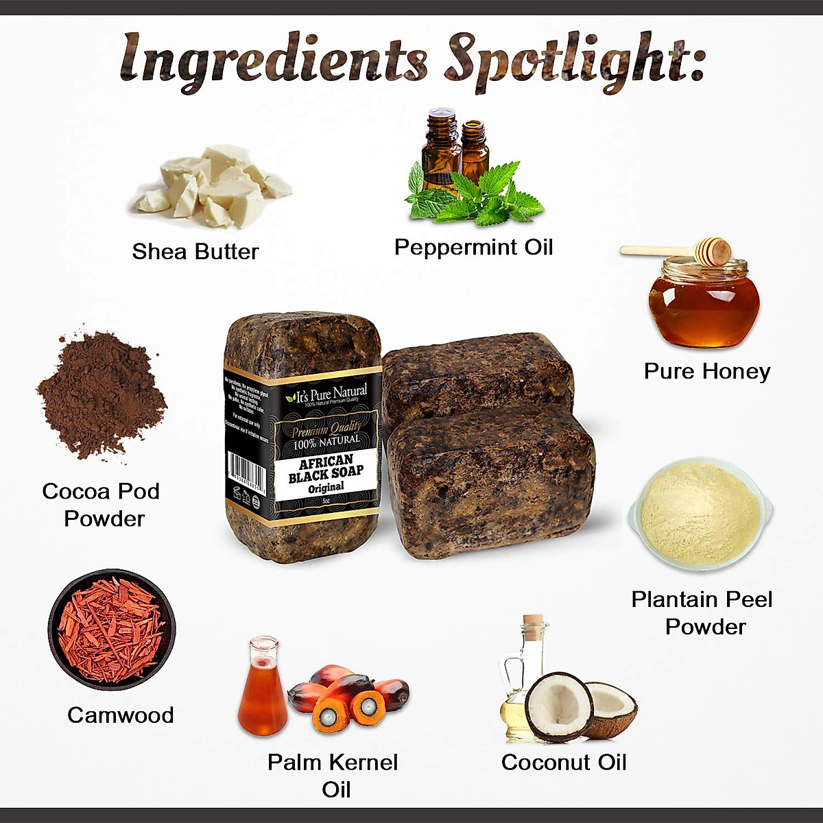 It's Pure Natural African Black Soap Bars Original (Pack of 3) Organic Raw Soap for Face & Body, Acne Treatment & Dark Spot Remover [Made in Ghana]