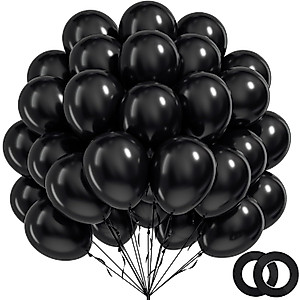 BAUANOOY 100pcs Black Balloons 12 inch, Black Latex Balloons with Black Ribbon for Graduation Halloween Birthday Party Decorations
