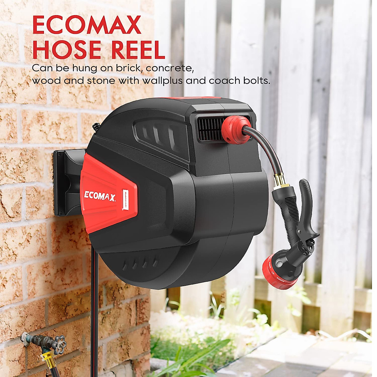 Ecomax ELG01 1/2in. x 100ft Garden Hose Reel, Retractable Reel Storage with Any Length Lock, Slow Return System, 9 Patterns Adjustable, Wall-mounted & 180° Swivel Bracket for Watering, Black & Red