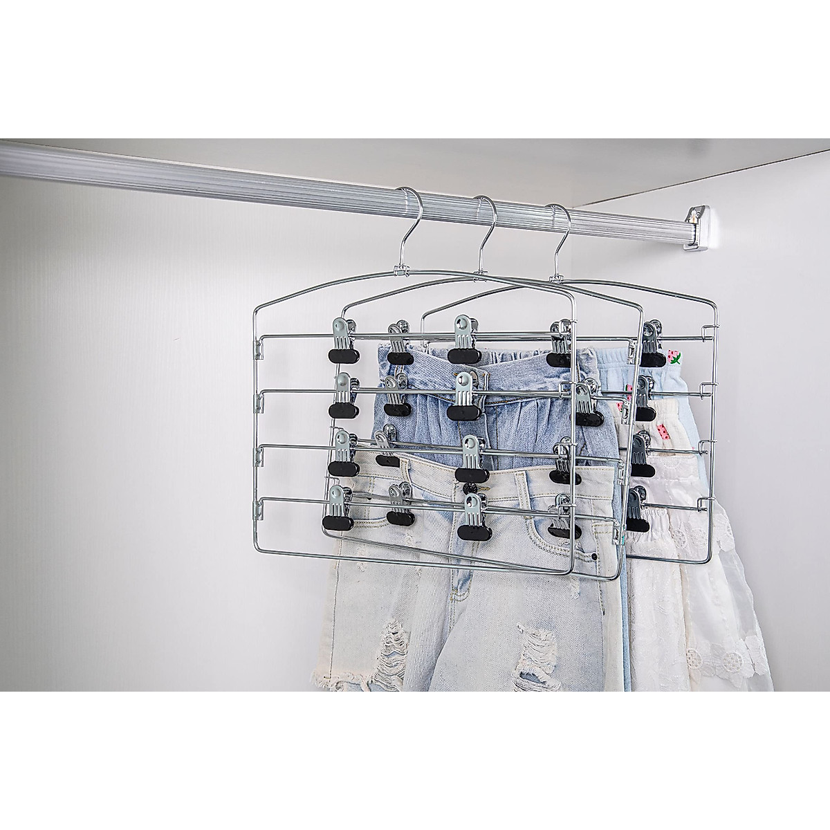 3 Quality Multi Pants Hangers, Real Heavy Duty, Space-Saving Multi-Bar Metal Hangers, Stable with Non-Slip Foam Padding, Swivel Hook for 5 Jeans Each, Suit Pants, Scarves, Towels, Trousers (Pants, 3)