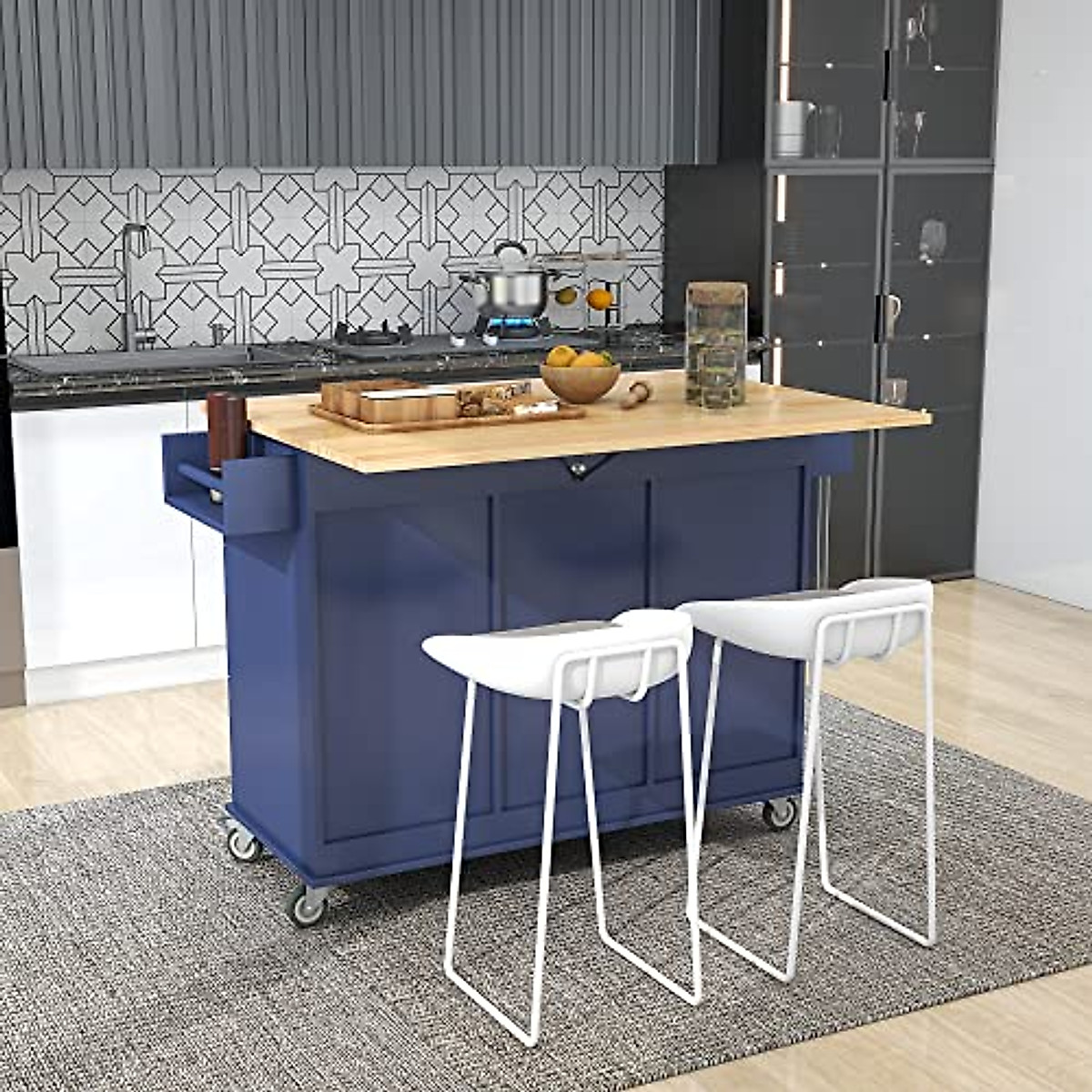 FEELLE Rolling Mobile Kitchen Island with Drop Leaf - Solid Wood Top, Locking Wheels & Storage Cabinet 52.7 Inch Width（Dark Blue）