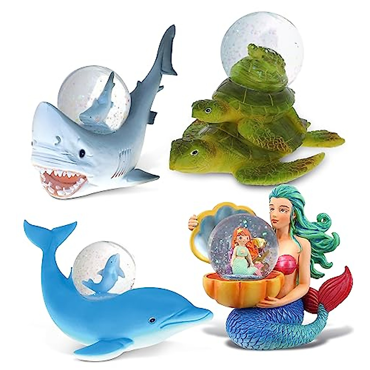 CoTa Global Shark, Dolphin, Sea Turtle, Mermaid Snow Globe Set of 4 – Ocean Water Globe Figurines, Collectible Novelty Ornament for Home Decor, Gift for Birthdays, Christmas and Valentine – 45mm