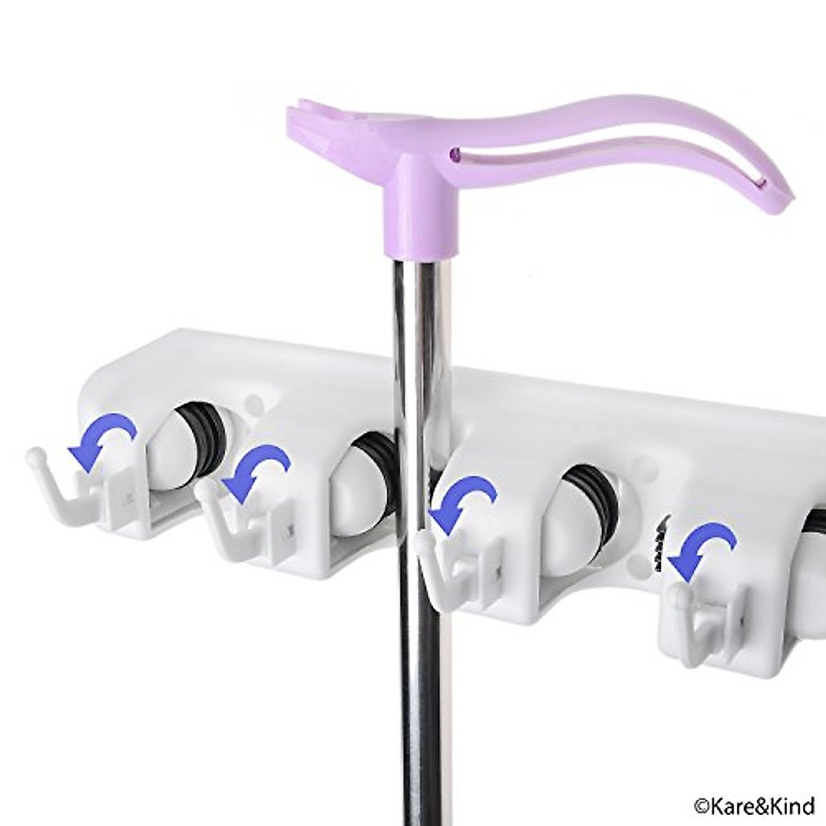Broom Holder - Wall Mount Tool Organizer Rack - 5 Slots with Automatic Handle Grips - Perfect for Brooms, Mops, Dusters, Rakes, Shovels, etc. - 6 Foldable Hooks for Smaller Tools/Cloths