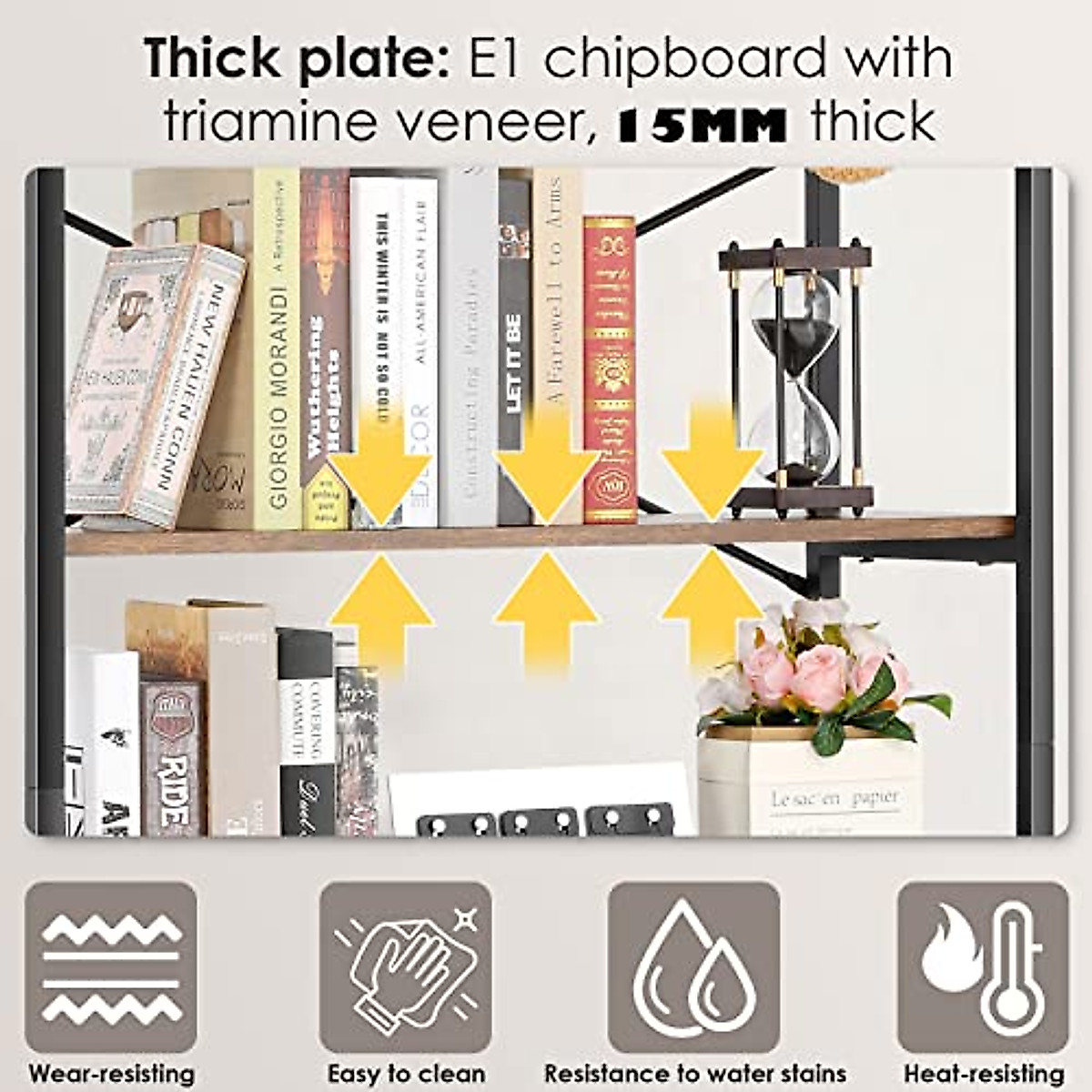 Devo Bookshelf, Industrial Book Shelf Large Storage Shelves, Display Shelf Tall Bookcase Metal Bookshelves, 6 Tier Bookcases Wood Heavy Duty Shelving Unit for Bedroom,Office and Living Room, Vintage