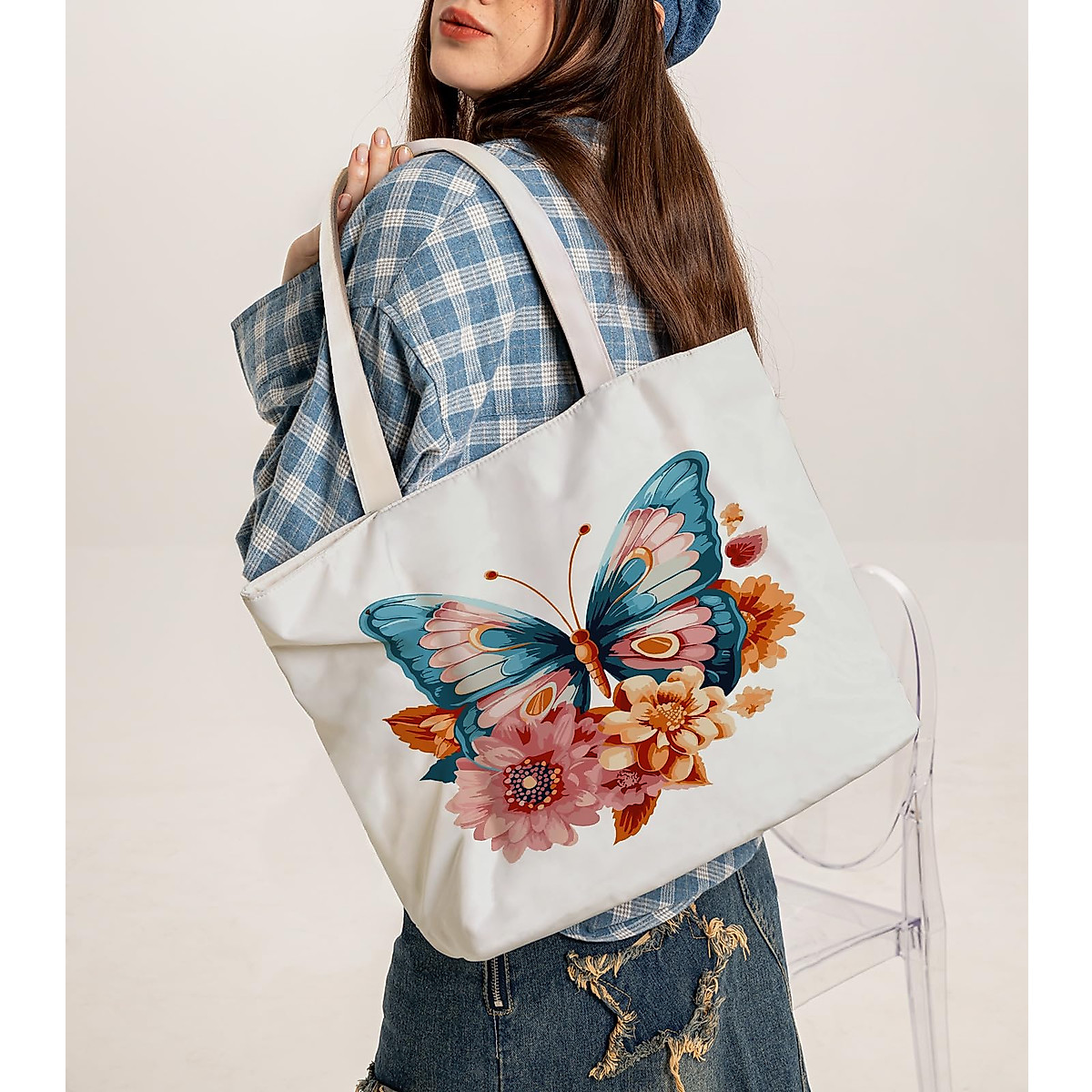 FILASLFT Butterfly Paint by Numbers Tote Bag, Paint by Number for Adults Canvas, Canvas Bag for Women School Student Shopping 17.71x13.38 Inch