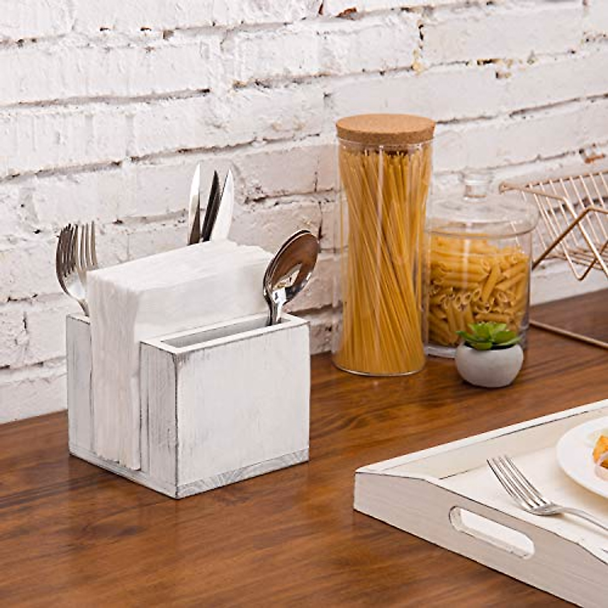 MyGift Vintage White Solid Wood Napkin Holder and Utensil Holder with 3 Compartments, Buffet Napkin and Flatware Holder Caddy
