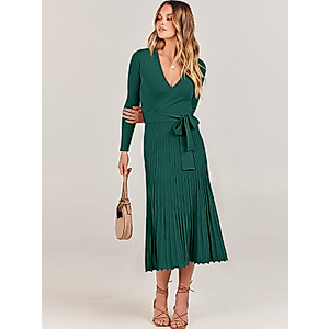ANRABESS Women Long Sleeve Sweater Dress Wrap V Neck Pleated Ribbed Knit A Line Belted Tie Waist Midi Dress Fall Outfits deep green Small