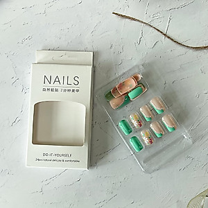 Press on Nails Medium Square False Nails French Tip False Nails Colorful Flower with Designs Acrylic Nails Full Cover Glossy Artificial Nails Reusable Stick on Nails for Women 24Pcs