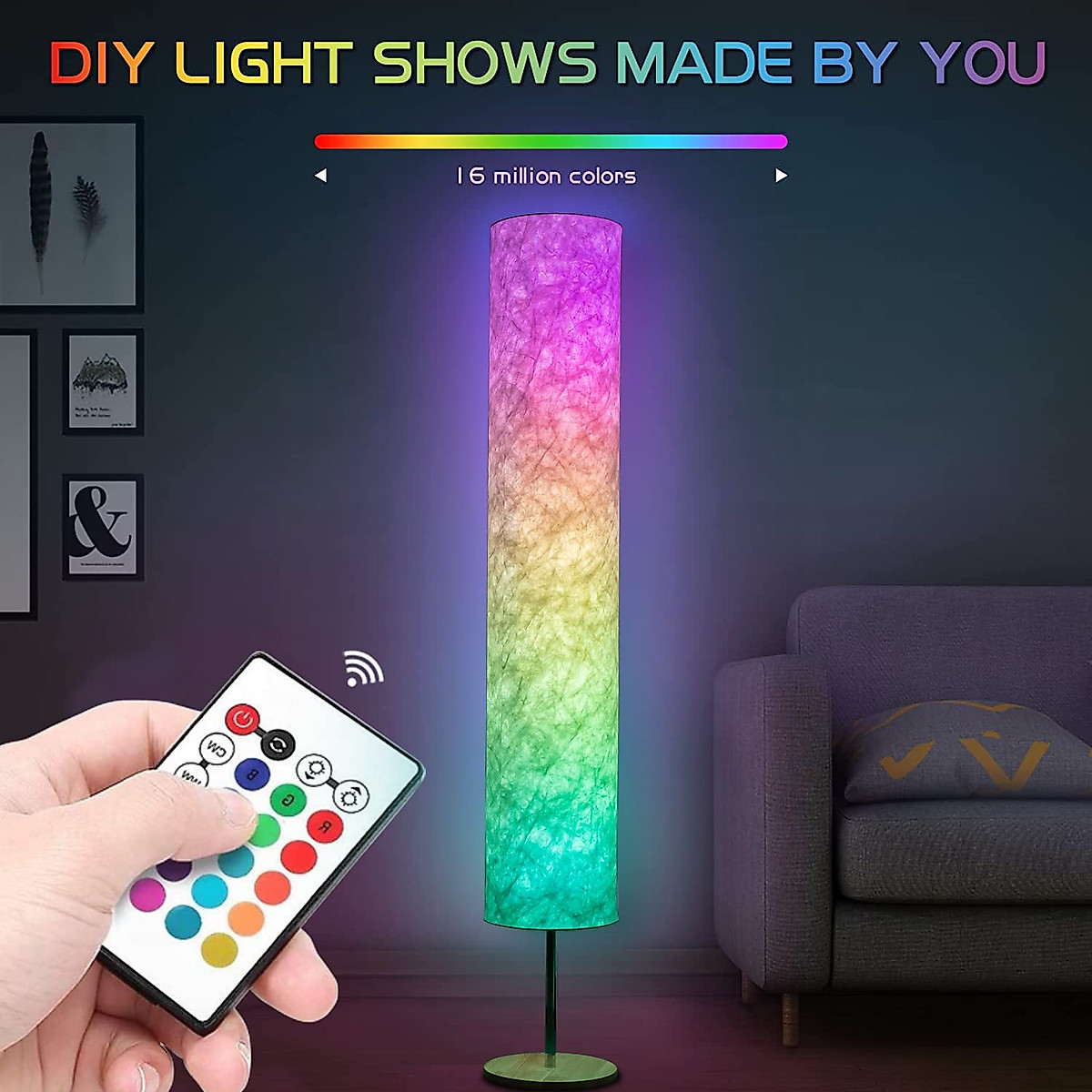 YIEONSHION Soft Light Floor Lamp, 60" Simple Design Morden Slim Warm Light 3000K LED Tyvek Fabric Shade Standing Lamp for Living Room Bedroom Game Room (L/60inch, RGB Remote)