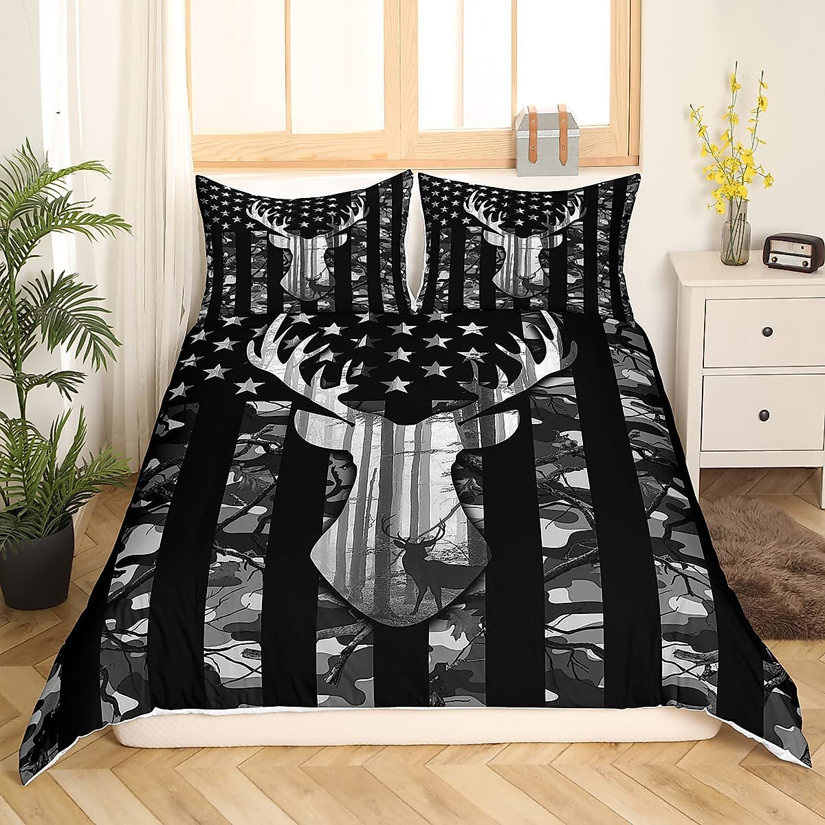 Camouflage American Flag Duvet Cover Full,Deer Antlers Silhouette Bedding Set,Wild Animal Natural Comforter Cover 3 Pcs for Kids Teens Adults Room Decor,Black Grey Camo Quilt Cover with 2 Pillowcases