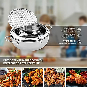 Kerilyn Deep Fryer Pot, 11 Inch/4.2 L Janpanese Style Tempura Frying Pot with Lid, 304 Stainless Steel with Temperature Control and Oil Drip Drainer Rack, for Kitchen French Fries, Chicken etc