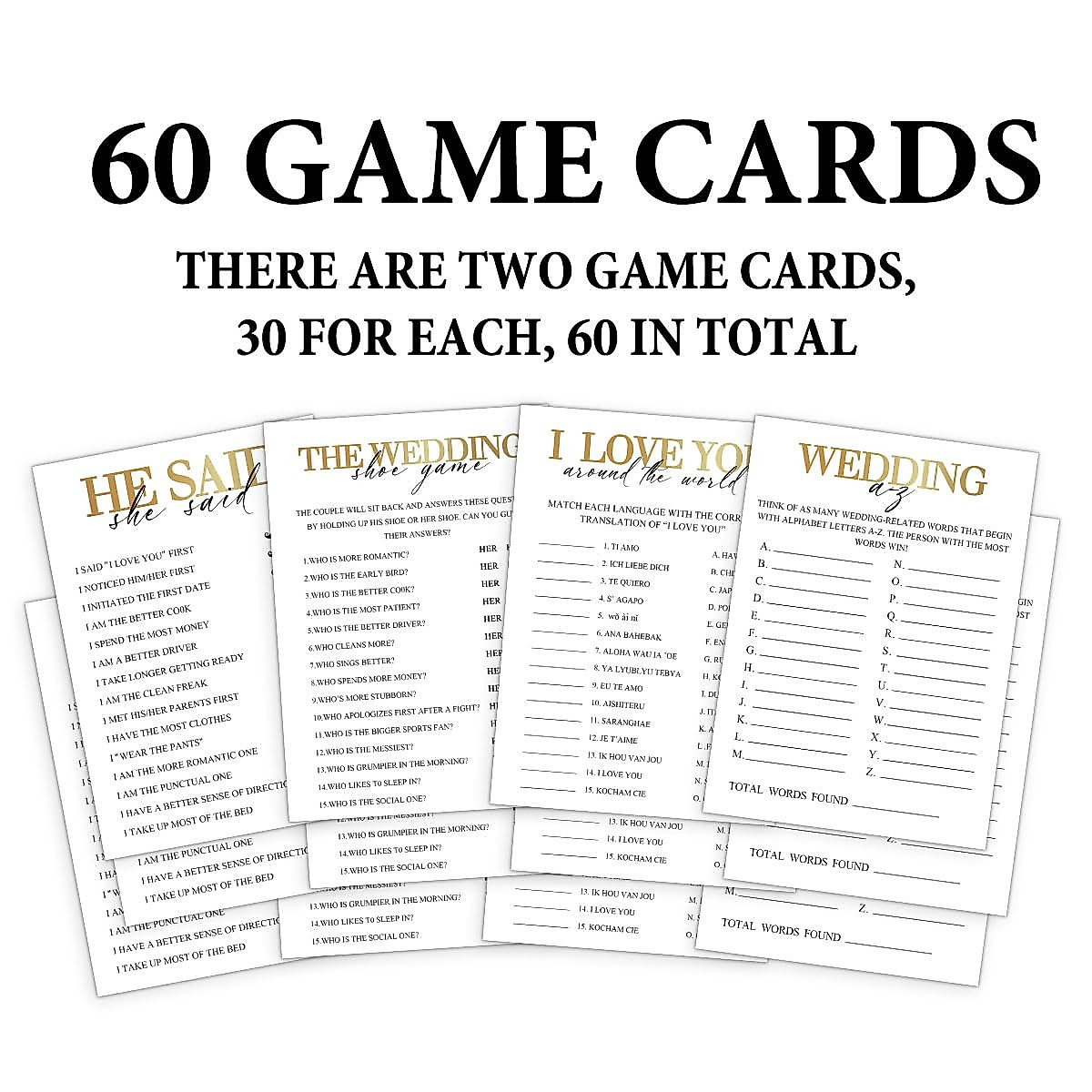 60 Pcs Gold Bridal Shower Game for Guest, Wedding Engagement Party Supplies, Included 4 Games - I Love You around World, He Said She Said, Wedding Shoe Game, Wedding A-Z, Double-sided