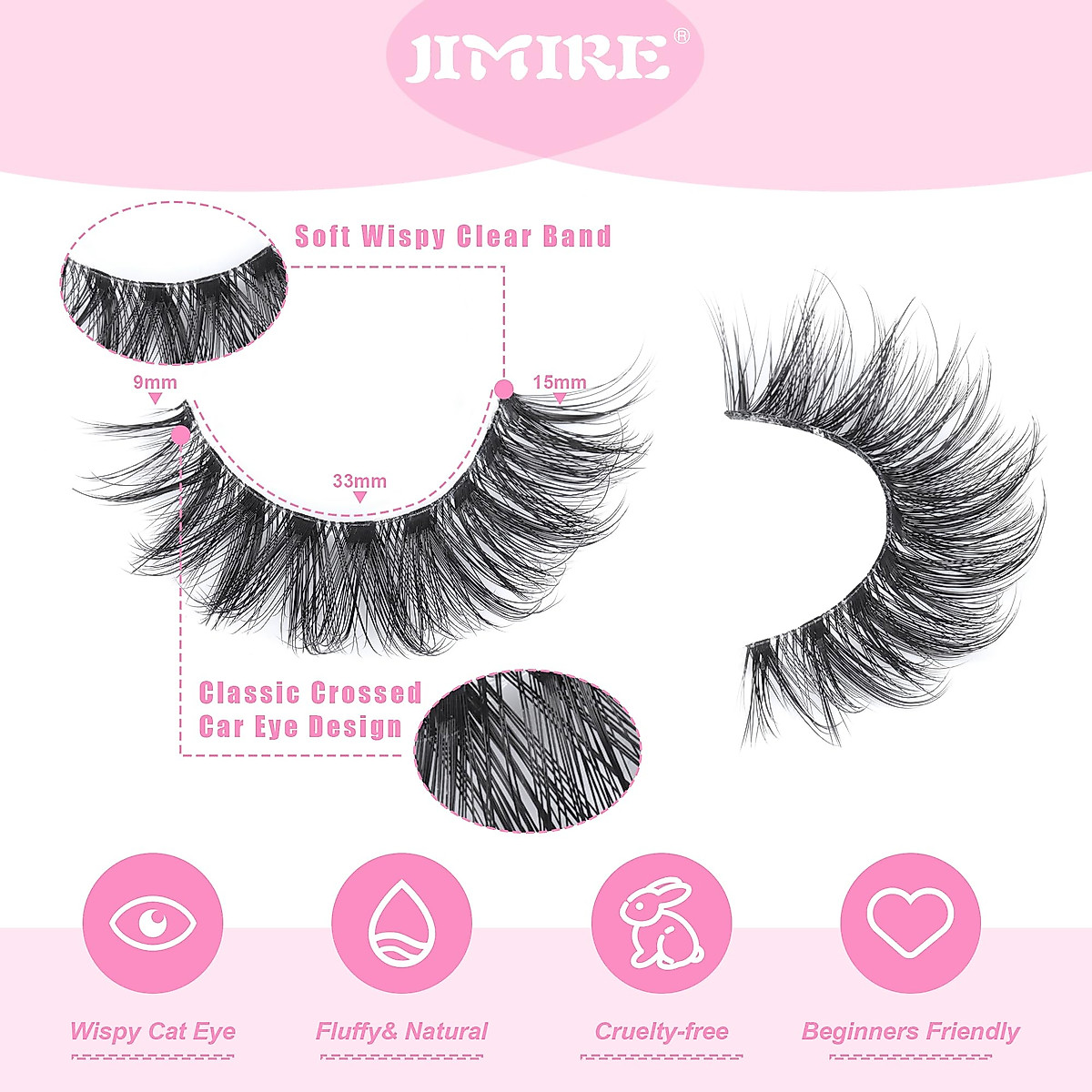 JIMIRE Natural False Eyelashes with Clear Band Mink Fluffy Lashes D Curl Strip Lashes 16MM Volume Natural Look like Lash Extension 5D Cat Eye Lashes 7 Pairs Pack