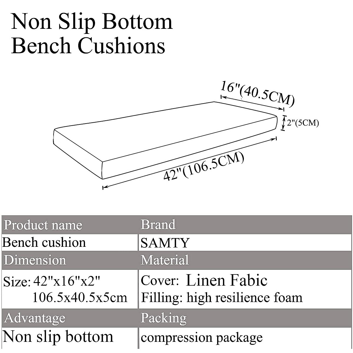 Bench Cushion for Indoor Shoe Storage Non Slip Window Seat Pad Kitchen Dining Settee Cushions 42x16 inch, Light Grey