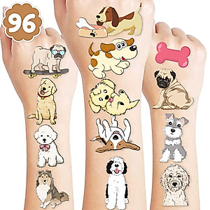 8 Sheets (96PCS) Temporary Tattoos Dog Birthday Party Supplies Decorations Party Favors Tattoo Stickers For Kids Girls Boys Gifts Classroom School Theme Prizes Rewards