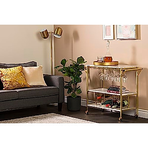 South Shore Maliza Bar Cart Bottle Storage and Wine Glass Rack-Faux Marble and Gold