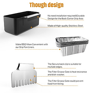 RUSFOL 3-in-1 Grease Catcher Pan with Stainless Steel Mesh Screen Grease Gate and 10 Pcs Aluminum Drip Pans Liner for 28"/36 Blackstone Griddles, Free from Drill&Easy Install BBQ Accessories