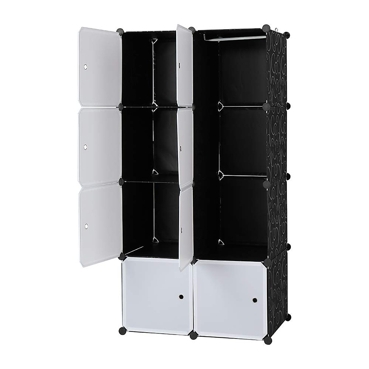 Trlec 20 Cube Organizer Stackable Plastic Cube Storage Shelves Design Multifunctional Modular Closet Cabinet with Hanging Rod White Doors and Black Panels