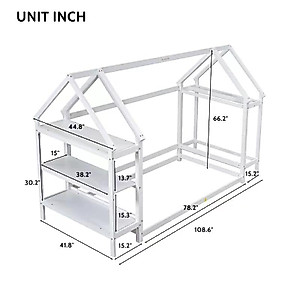 Mirightone Twin House Bed for Kids Montessori Floor Bed with Storage Shelves Twin Size Kids Bed Frame with 2 Detachable Stands Wood House Bed for Girls Boys Children, White