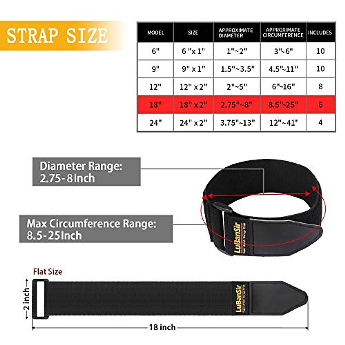 LuBanSir Cinch Straps - 2" x 18" (6 Pack) Elastic Hook and Loop Storage Straps with Buckle for Bicycle, Truck, Boat and More for Extension Cords, Ropes, Hoses Organization - Black