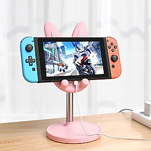 OATSBASF Cell Phone Stand, Adjustable Cute Bunny Phone Stand for Desk, Kawaii Phone Holder Stand, Compatible with All Mobile Phones, iPhone, Kindle, Switch (Pink)