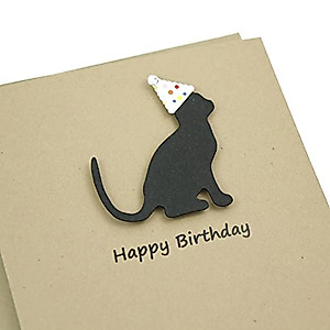 Black Cat Birthday Card | Handmade Single Greeting Card | Cat Silhouette with Party Hat Notecard with Envelope