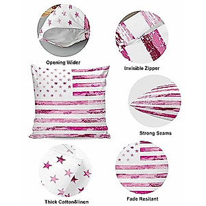 Set of 2 Throw Pillow Covers Square for Home Decor, Independence Day Pink Camo American Flag Patriotic 18x18 Inch Cotton Reversible Pillow Case Sofa Soft Cushion Cases for Bedroom Couch Bed Car Chair