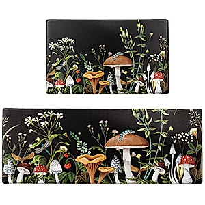 FNLNDO Mushroom Kitchen Rugs and Mats Green Mushroom Kitchen Decor Anti Fatigue Kitchen Floor Mat Set of 2 Non-Skid Washable Kitchen Runner Rug for Kitchen Sink Laundry (Green, 17.5"x29.5"+17.5"x47")