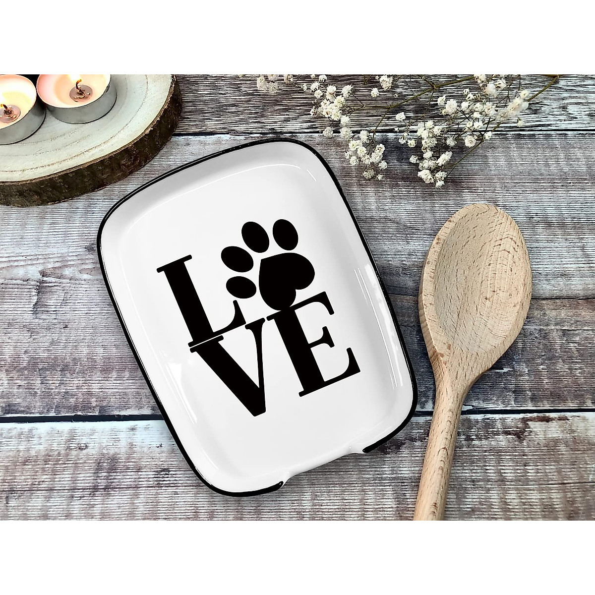 Ceramic Patterned Fork Spoon Rest with Message Love, Functional Kitchenware Spoon Rest Suitable for Kitchen Countertop Stove Top Kitchen Accessory and Gift for Cooking Enthusiasts