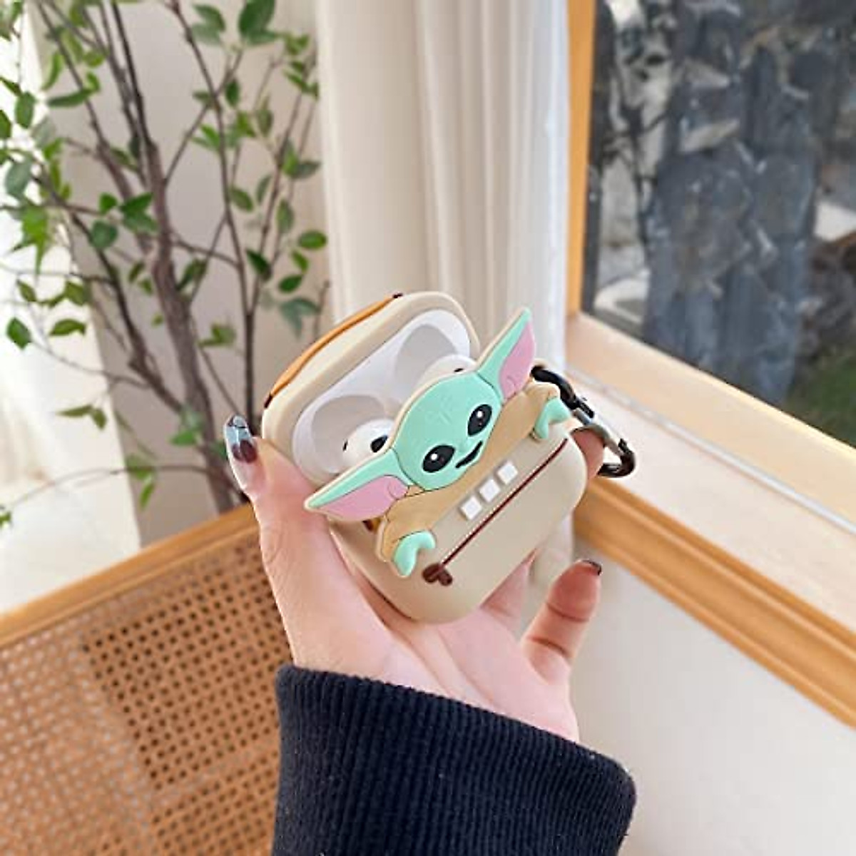 OINbxw Case for Airpods 3 3rd Generation, 3D Cute and Interesting Baby yoda Character Skin Soft Silicone Protective Cover, with Keychain Accessory Set, Suitable for Boys and Girls (Cream Color)