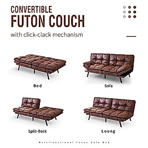 IULULU Futon Sofa Bed, Faux Leather Couch, Modern Convertible Sleeper Daybed with Adjustable Armrests for Studio, Apartment, Office, Small Space, Compact Living Room, Brown