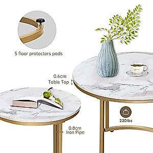 aboxoo Coffee Table Nesting White Set of 2 Side Set Golden Frame Circular and Marble Pattern Wooden Tables, Living Room Bedroom Apartment Modern Industrial Simple Nightstand