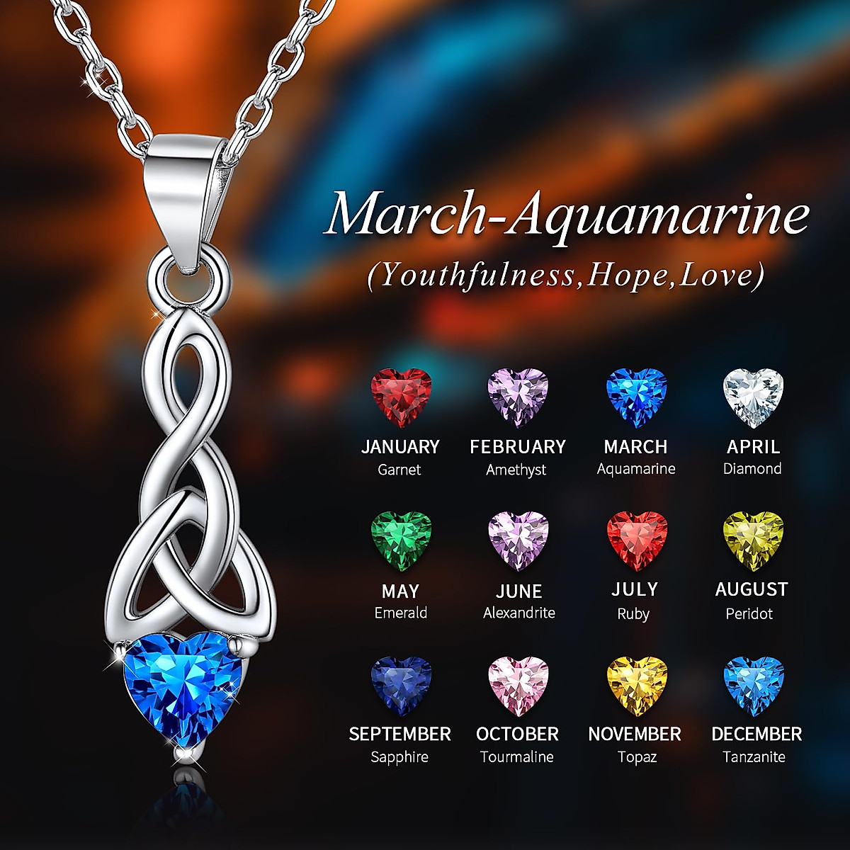 ChicSilver 925 Sterling Silver Irish Celtic Necklace March Birthstone Heart Ocean Blue Aquamarine Pendant Necklace Celtic Knot Jewelry for Women