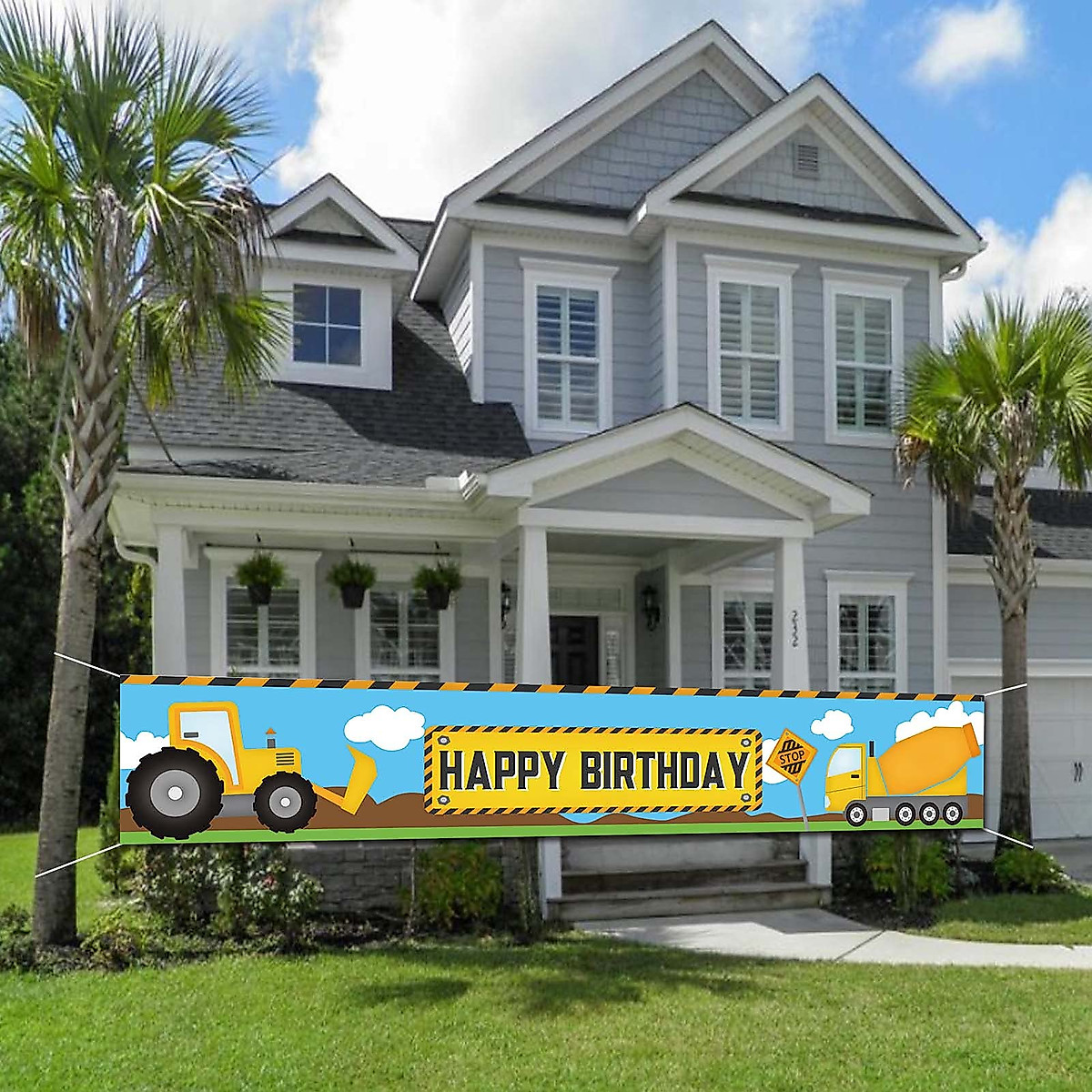 ZDX Construction Theme Happy Birthday Banner 118'' x 20'' Large Indoor Outdoor Decorations Yard Sign Excavator Dump Trucks Boy Birthday Party Banner Supplies Cake Table Photo Background