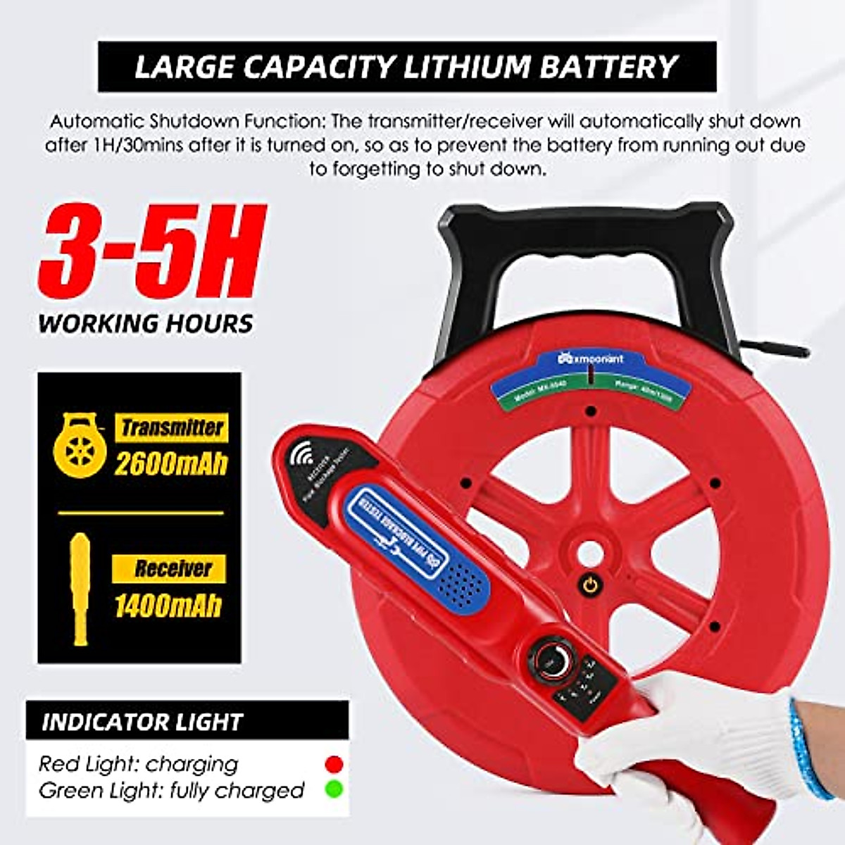 Mxmoonant Pipe Blockage Detector 40M/130ft Pipeline Scanner for PVC Iron Cement Wall with Waterproof Probes|Sensitivity|Accurate Positioning (40M)