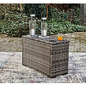 Signature Design by Ashley Harbor Court Outdoor Resin Wicker Handwoven Over Rust-Free Aluminum Framed Console with 2 Drink Holders, Gray