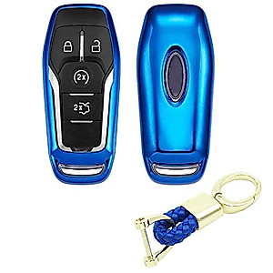 Royalfox(TM) 4 5 Buttons TPU Smart keyless Entry Remote Key Fob case Cover Keychain for Ford Mustang F-150 F-450 Explorer Taurus Fusion Edge,Lincoln MKZ MKC MKX (Blue)