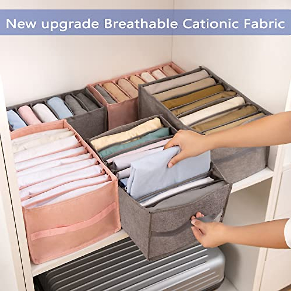 2 Pack Upgraded Jeans T-Shirts Organizer, Wardrobe Clothes Dividers Organizer, Foldable Closet Drawer Storage Box for Jeans Legging T-Shirts Sweat Pant Baby Clothes - Large, Grey