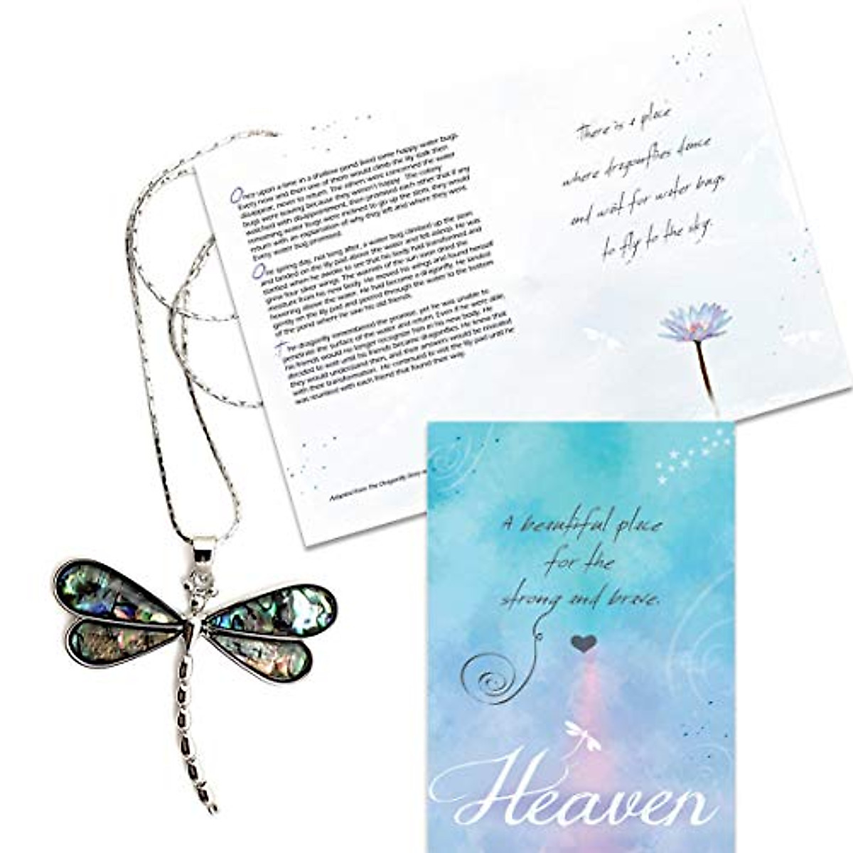 Smiling Wisdom - Heaven Dragonfly Story Greeting Card Gift Set - Abalone Dragonfly Necklace - Loss, Grief, Bereavement or Simple Explanation of Heaven and Earth - Child, Tween, Teen, Girl, Women