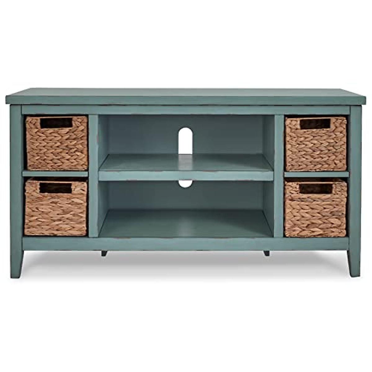 Signature Design by Ashley Mirimyn Casual TV Stand for TVs up to 54" with 4 Baskets and 3 Adjustable Shelves, Green & Light Brown